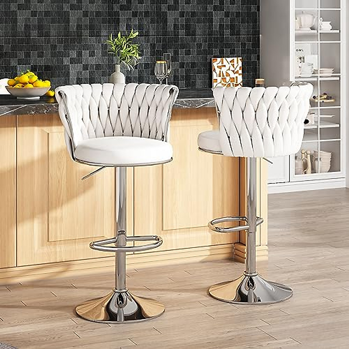 AWQM Velvet Bar Stool Set of 4,Counter Height Barstools Adjustable Kitchen Island Chairs,Swivel Bar Stools Upholstered Bar Chairs Counter Stool Armless Chairs with Back & Footrest, Beige