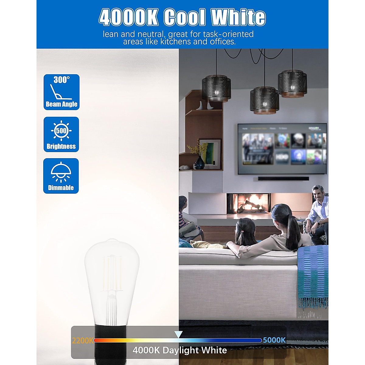 MASTERY MART 10 Pack Vintage LED Edison Bulbs, E26 Led Bulb 5.5W Equivalent to 60W, Dimmable, 4000K Cool White, High Brightness ST58 Antique LED Filament Bulbs, Clear Glass