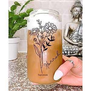 Customized Glass Tumbler with Flower and Name - Personalized Tumbler Set with Straw - Bridal Party Gifts - Bachelorette Party Tumblers - Bamboo Lid Iced Coffee Cup - Bridesamid Gifts