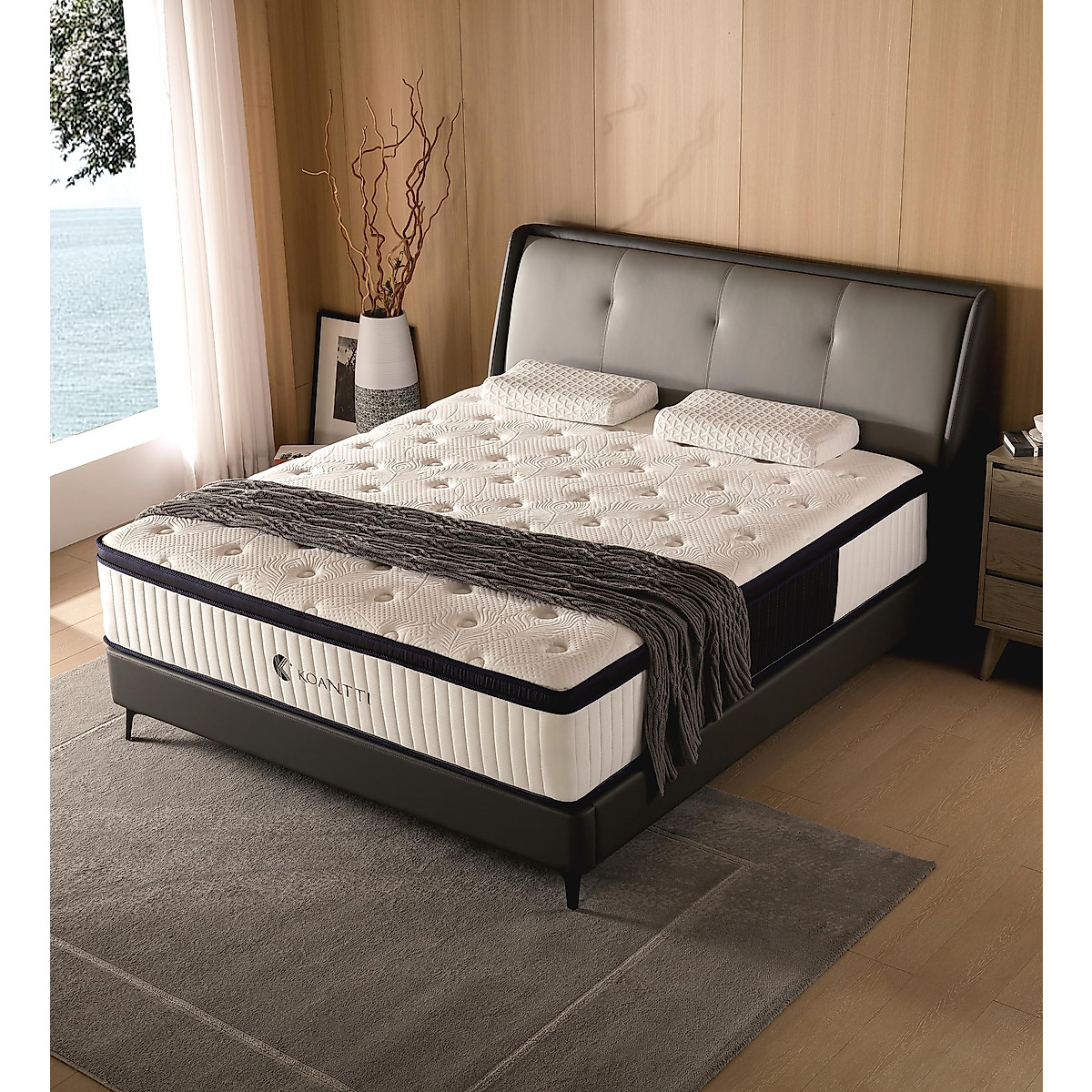 KOANTTI Queen Mattresses,14 Inch Queen Size Mattresses in a Box,Memory Foam Hybrid White & Black Mattress with Provide Support and Improve Sleep Mattresses,Pressure Relief,Medium Firm.