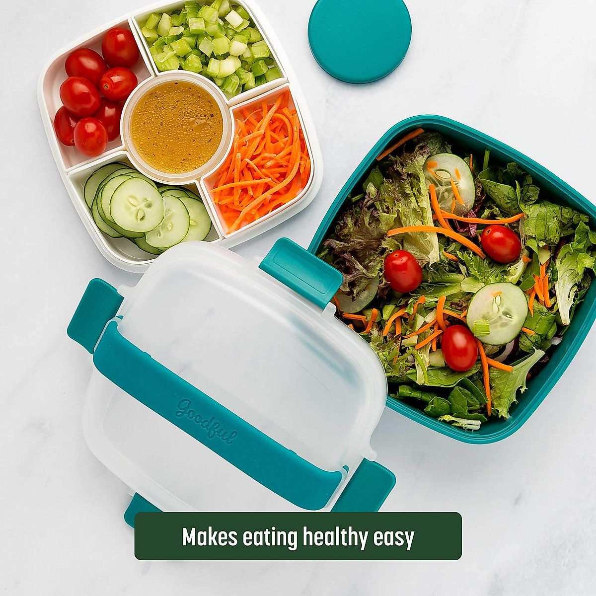 Goodful Stackable Lunch Box Container, Bento Style Food Storage with Removeable Compartments for Sandwich, Snacks, Toppings & Dressing, Leak-Proof and Made without BPA, 56-Ounce, Teal