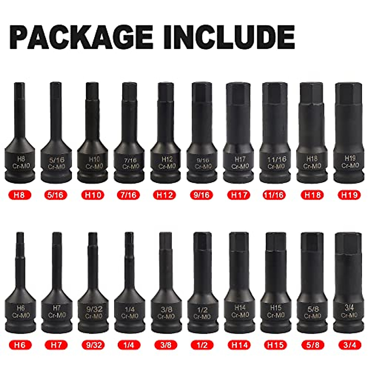 SEKETMAN 20Pcs 1/2" Drive Master Impact Hex Bit Set，Allen Bit Socket Set，1/4" - 3/4", 6mm - 19mm，SAE/Metric， Cr-Mo