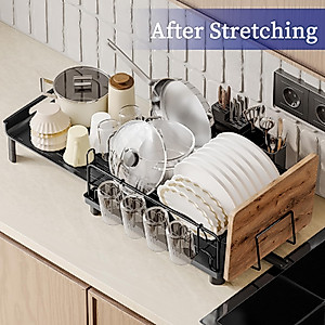 Fixwal Large Dish Drying Rack Expandable Dish Rack for Kitchen Counter, Rust-Resistant Metal Dish Drainer with Cup Holder, Cutlery Holder and Utensil Holder, Black