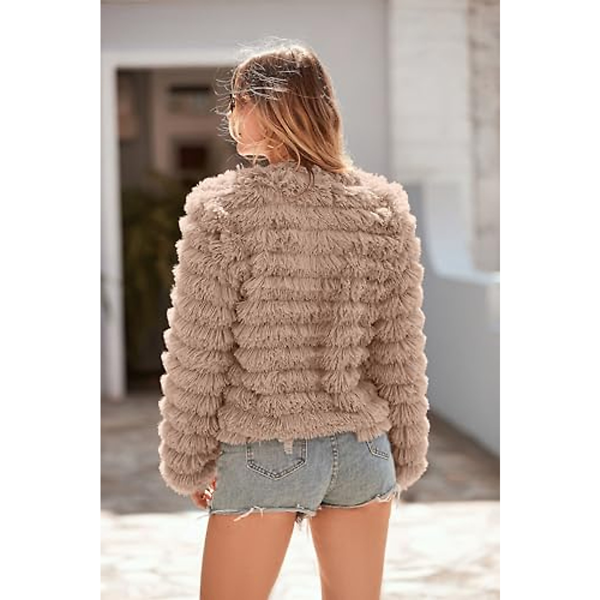 PRETTYGARDEN Womens Winter Coats Fashion Faux Fur Long Sleeve Fleece Shaggy Lightweight Fall Cropped Jacket Outerwear (Dark Khaki,Medium)