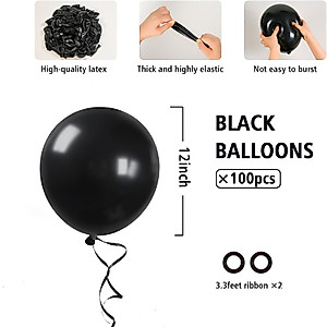 BAUANOOY 100pcs Black Balloons 12 inch, Black Latex Balloons with Black Ribbon for Graduation Halloween Birthday Party Decorations