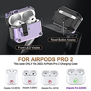 [5in1 Set] Case for Airpods Pro 2nd Generation with Secure Lock, Carbon Fiber PC+TPU Full Body Protective Air Pods Pro 2 Case Cover for Women with Fashion Candy Keychain (Purple)