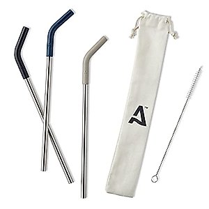 Avana Metal Reusable Straws with Case and Silicone Tips for Water Bottles and Tumblers, Deep Ocean/Grey/Black, (3-Pack)