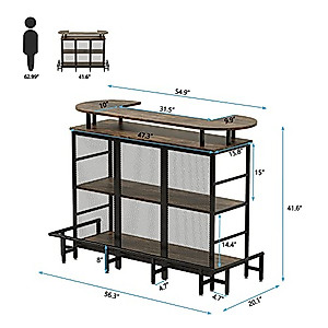 Furnideco Industrial Home Bar Unit, 3 Tier Liquor Bar Table with RGB LED Lights and Wine Storage Display Shelf with Glass Holder Footrest, and Metal Footrest Wine Rack for Kitchen Living Room
