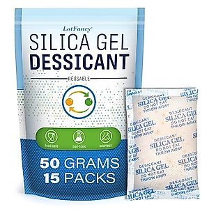 LotFancy Silica Gel Packets, 50 Gram 15 Packs Rechargeable Desiccant Packs for Storage, Moisture Absorber Drying Bags with Orange Indicator, Non-Toxic