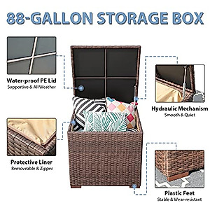 JOIVI PE Wicker Patio Furniture Set, 5 Piece Outdoor Sectional Conversation Sofa Set with Storage Box, Brown Rattan Loveseat Couch Sofa and Tempered Glass Table, Beige Cushions