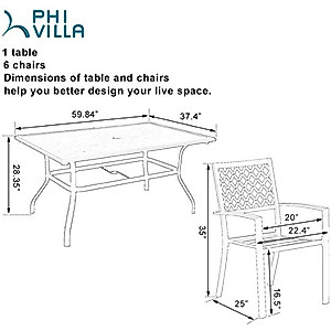 PHI VILLA 7-Piece Metal Outdoor Patio Furniture 37.4" x 59.8" Wood Like Rectangular Dining Table and Chairs Set for Ourdoor Backyard Lawn Garden, Black