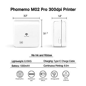 Phomemo M02 Pro Pocket Printer - with 3 Rolls Transparent Gold Paper， Compatible with iOS + Android for Plan Journal, Study Notes, Art Creation, Work, Gift