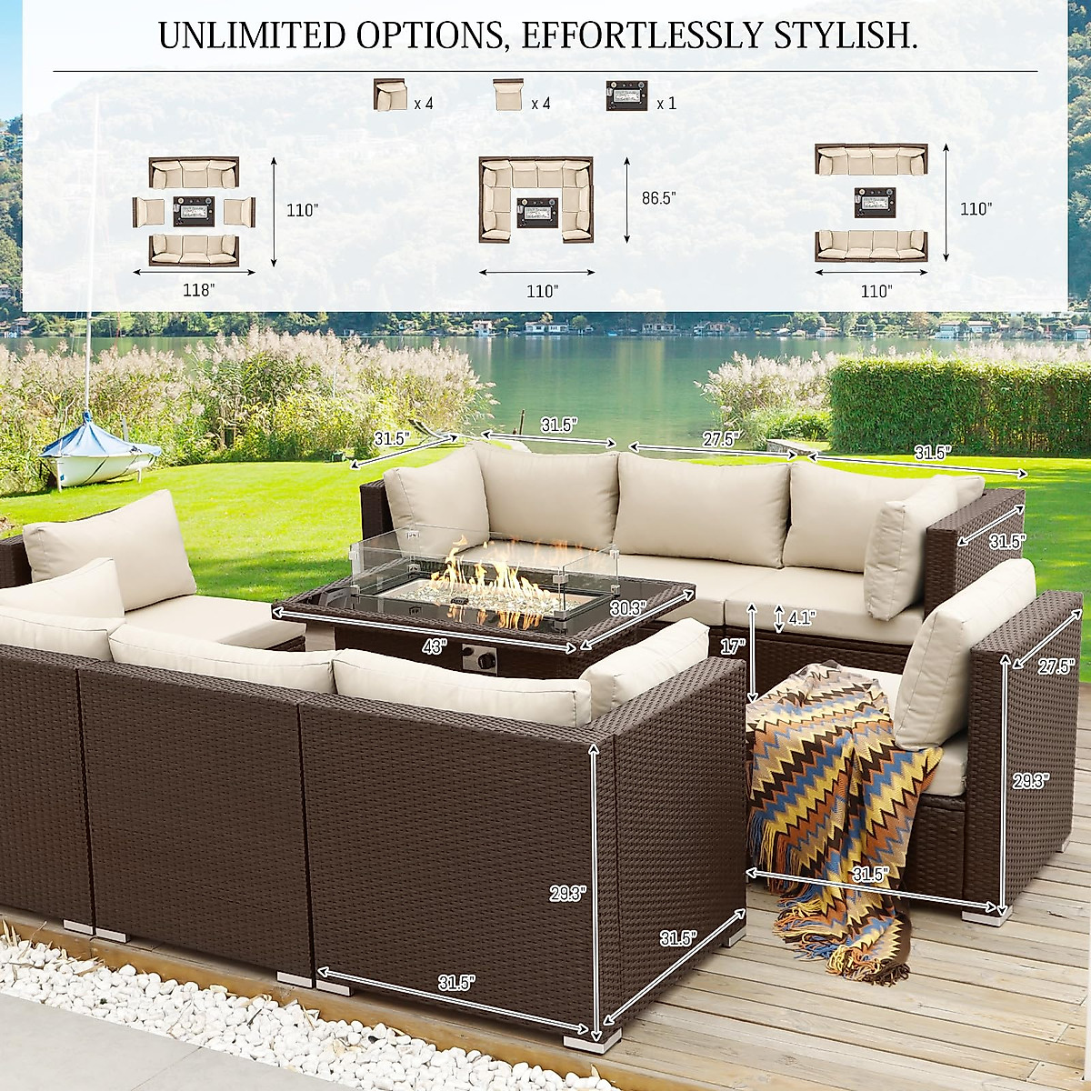 BULEXYARD High Back Brown PE Rattan Outdoor Patio Furniture Set with Propane Fire Pit Table, Large Wicker Outside Sectional Furniture Sofa Conversation Sets for Backyard(Beige, 9Pcs-B)