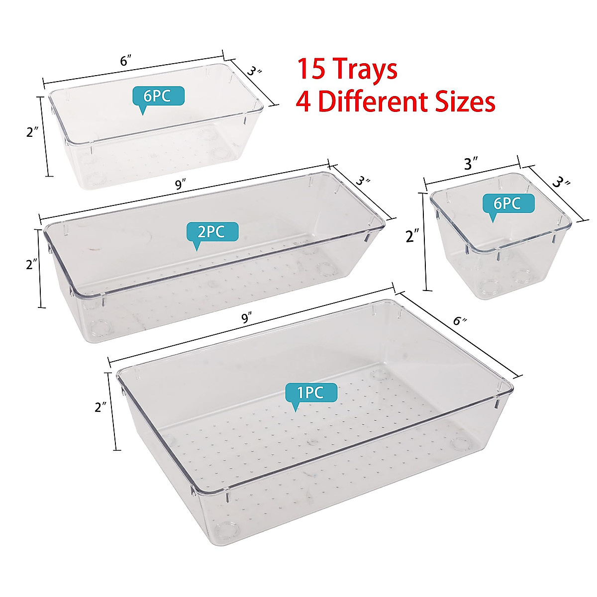 ATVAX 15 PCS Drawer Organizers with Non-Slip Silicone Pads Clear Plastic Drawer Organizers Set Clear Desk Drawer Organizer Trays Storage Bins
