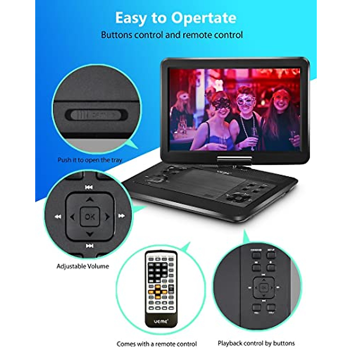 UEME 16''Portable DVD Player with 14''HD Large Screen, Mobile DVD Player for Kids with Rechargeable Battery, Support USB/SD Card/Sync TV and Multiple Disc Formats