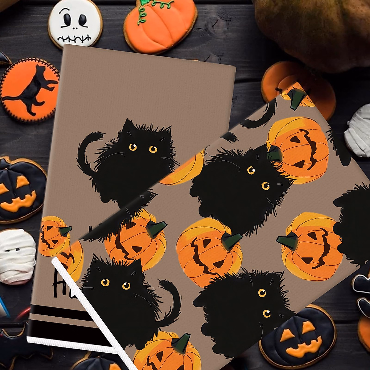 QIONG MENG Happy Halloween Kitchen Towels Set of 2 Black Cat Pumpkins Absorbent Dish Towels Hand Towel for Kitchen Decorative Cleaning Cooking 18x26 Inch