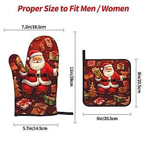 Oven Mitts and Pot Holders Set of 4 Happy Christmas Print Kitchen Oven Glove Fashion Heat Resistant Oven Gloves Set for BBQ Grill Baking Cooking Oven Microwave