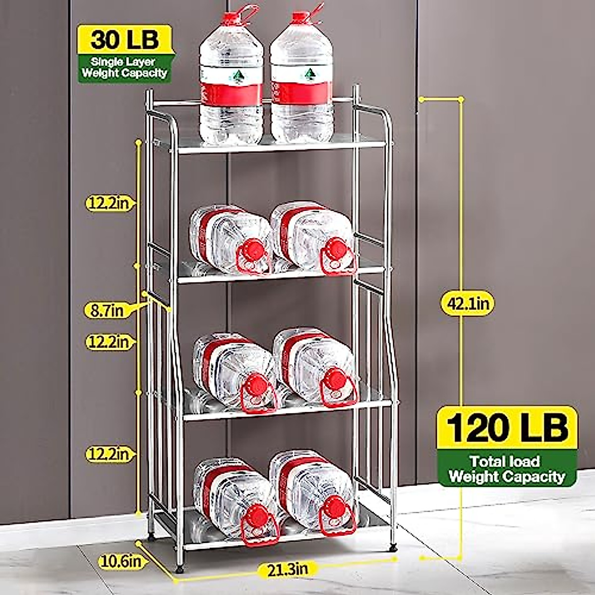 susunnus Stainless Steel Shelves 4 Tier, Pantry Shelves, Bathroom Shelves Organizer, Suitable for Kitchen & Bathroom, Total Load 120LB, 304 Stainless Steel & Durable & Waterproof & Gift Tools