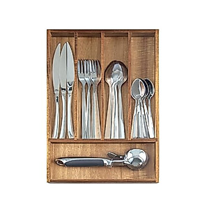 KITEISCAT Acacia Wood Silverware Organizer, Kitchen Utensil Drawer Organizer for Forks, Knives & Spoons, 5-Compartment Cutlery Tray, Flatware Holder