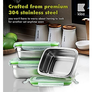 Klee Set of 3 Food Storage Containers with Airtight Lids (12oz,19oz, 28oz) - Premium 304 Stainless Steel Containers, Bento Boxes, Lunch Boxes, Meal Prep Containers for Kitchen, School, Office, Travel