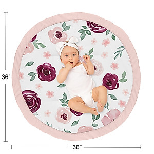 Sweet Jojo Designs Burgundy and Pink Watercolor Floral Girl Baby Playmat Tummy Time Infant Play Mat - Blush, Maroon, Wine, Rose, Green and White Shabby Chic Flower Farmhouse