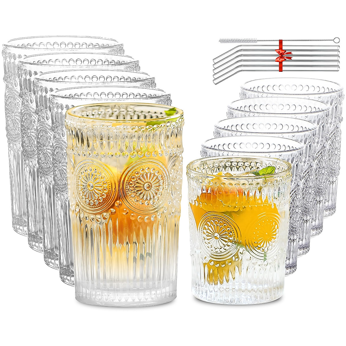 Lvtrupc 10Pcs Vintage Drinking Glasses - Romantic Highball Glasses & Rocks Glasses, Striped Glass Tumbler Cups for Water Coffee Juice Cocktail, Luxurious Floral Embossed Clear Glassware Set