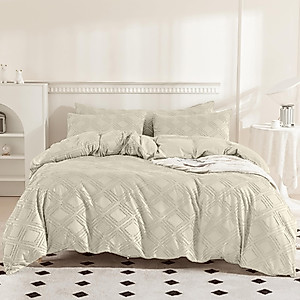 JELLYMONI Cream Grey Duvet Cover King Size - 3PCS Microfiber Tufted Duvet Cover Set, Boho Textured Duvet Cover Jacquard Rhombus Geometric Pattern Duvet Cover with Corner Ties & Zipper Closure