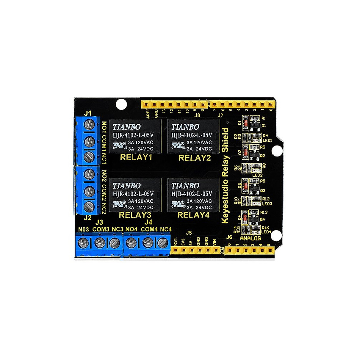 KEYESTUDIO 4 Channel Relay Shield 5V for Arduino Controller R3 ARM PIC AVR STM32 Raspberry Pi HIGH Level Trigger Relay Module Expansion Board