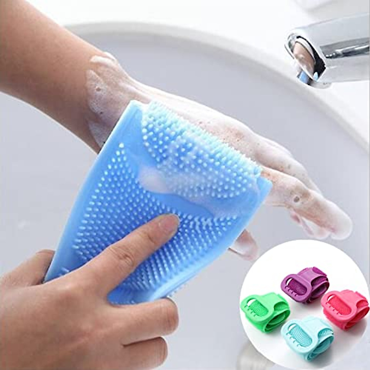 Silicone Bath Towel Scrubber with Bath Towel Holder, Exfoliating Back Scrubber for Shower Cleaning, Silicone Exfoliating Body Scrubber with Non-Slip Handle for Men and Women (Blue, 27.6 inches)