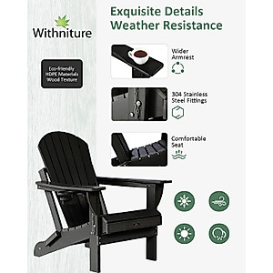 Withniture Folding Adirondack Chairs Set of 2, HDPE Adirondack Chair Wood Texture Plastic Adirondack Chairs with Cup Holder, Weather Resistant Fire Pit Chairs for Backyard Deck