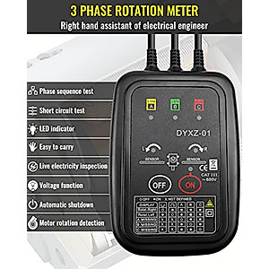 Phase Rotation Meter Non-Contact 3 Phase Motor Rotation Tester AC 70~600V High Magnetic Induction Phase Sequence Detector with 22 Inch Clamp Lead, LED, Carrying Bag Auto Power Off Phase Meter