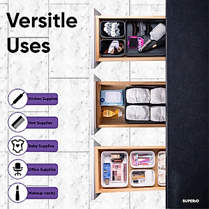 Superio Ribbed Collection - Decorative Plastic Desk Drawer Organizer Tray, White (Set of 5) Open Home Storage Bins Organizer Baskets, for Organizing Closet Shelves Drawer Shelf