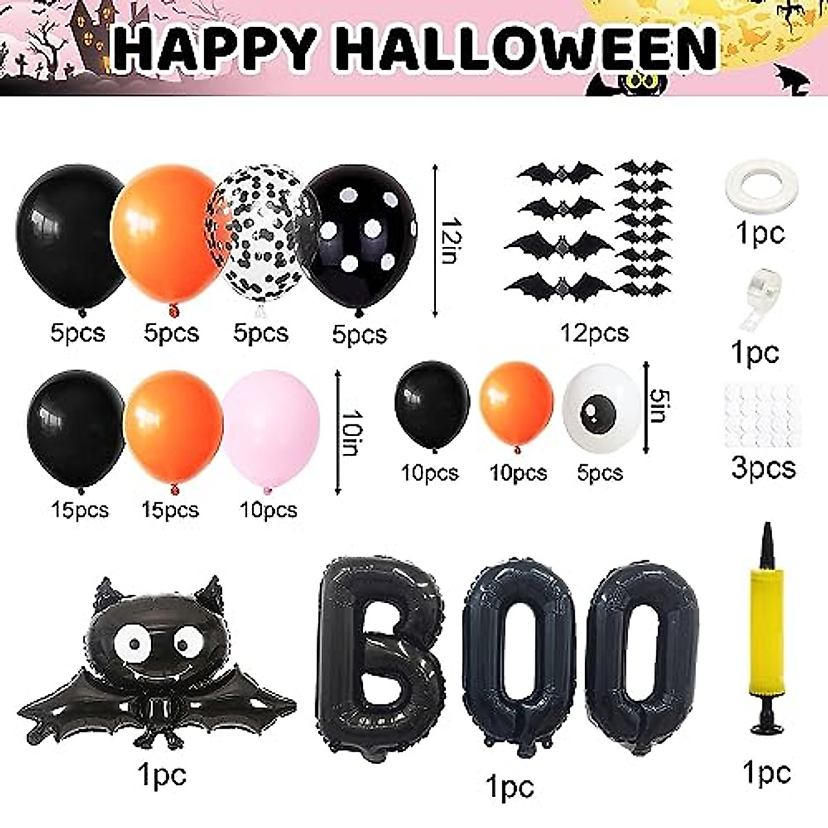 Halloween Balloons Arch Garland Kit 107Pcs, Black Orange Pink White Halloween Balloons BOO Metallic Balloons, Cute Cartoon Bat Balloons Bat Stickers for Birthday Halloween Party Decoration Supplies