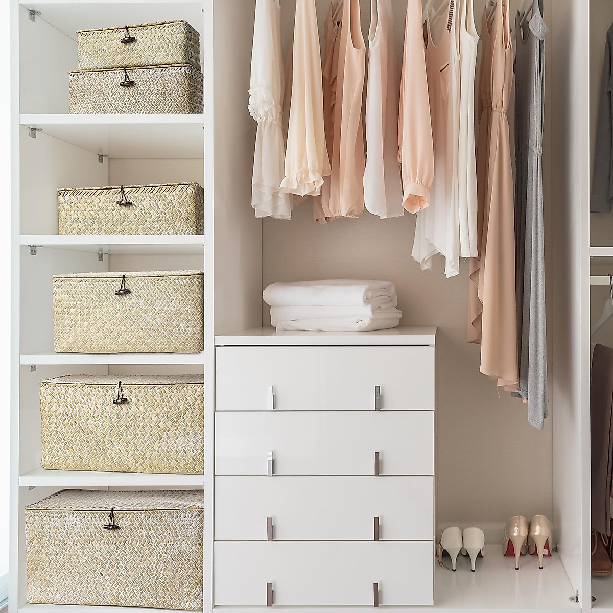 Kigley 6 Pcs Seagrass Basket with Lid Wicker Storage Decorative Boxes with Lids Bin Woven Organizer for Shelf Closet Bedroom, 6 Sizes(Classic Style,White)