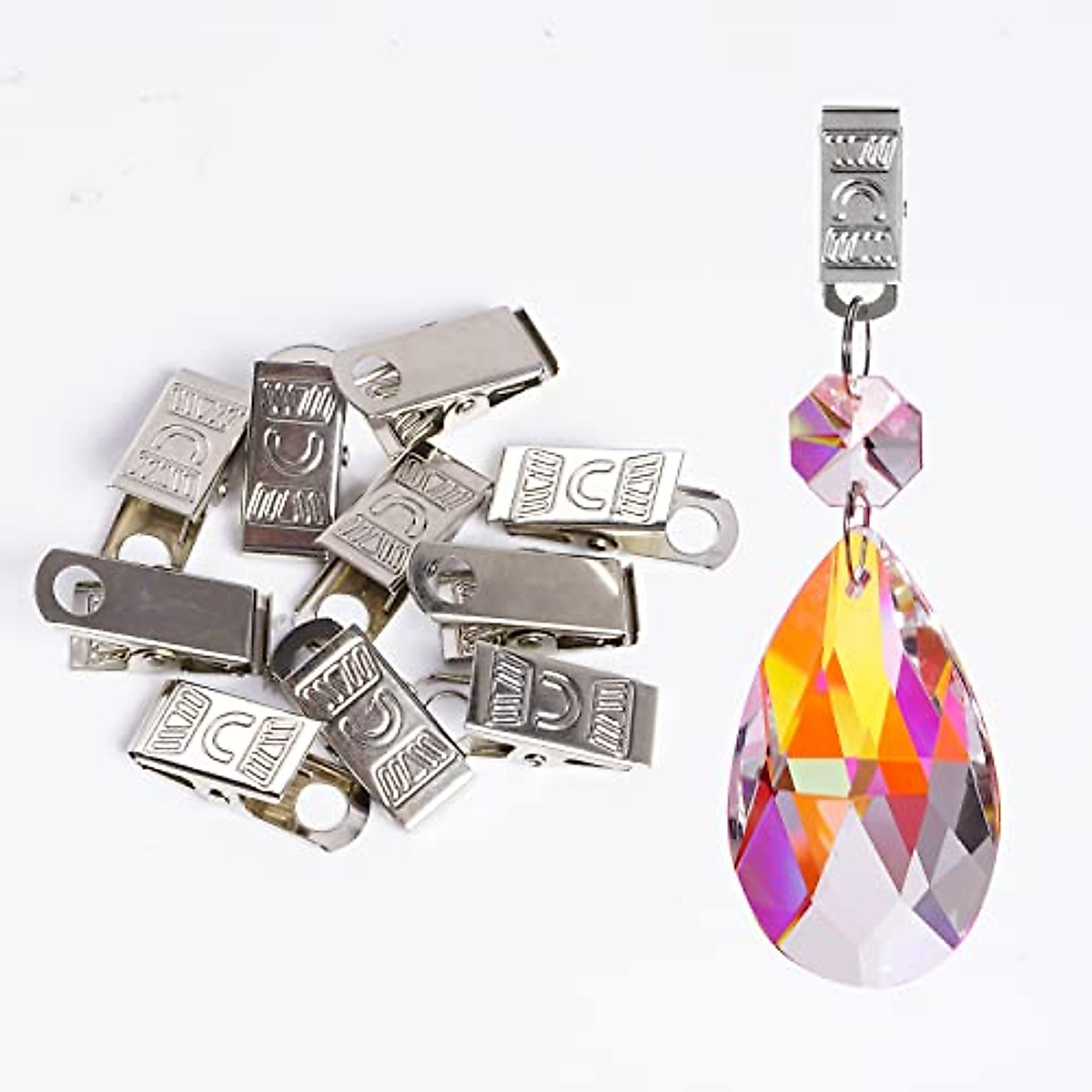 Lystaii 12pcs Tablecloth Weights Set with 12pcs Metal Clip Kit, AB Crystal Teardrop Pendant Glass Tablecloth Weights Heavy Outdoor Prisms Pendants for Home Decoration Picnic Tables Christmas (50mm)