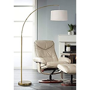 360 Lighting Cora Modern Mid Century Arc Floor Lamp Standing 72" Tall Classic Brass Gold White Linen Drum Shade Decor for Living Room Reading Bedroom Office House Home Decor