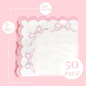 Pink Coquette Bow Party Napkins | 5" Cocktail 3-Ply 50 Pack | Sweetie Soirées | Pink Bow Theme Party Decorations | First Birthday Baby Shower She's Tying the Knot Bachelorette Party | Premium Quality