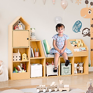 Vabches Kids Reading Nook with Bench - Bookshelf & Bookcase with Seat Cushion, 7 Open Storage Cubbies, 3-Tier File Organizers, Toy Storage Box & Chest for School, Playroom, Bedroom.