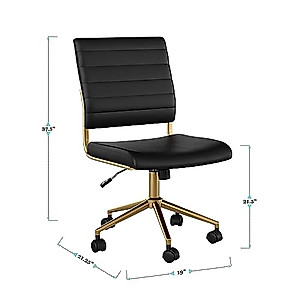 Martha Stewart Ivy Armless Swivel Task Chair for Home Office in Black Faux Leather with Polished Brass Frame