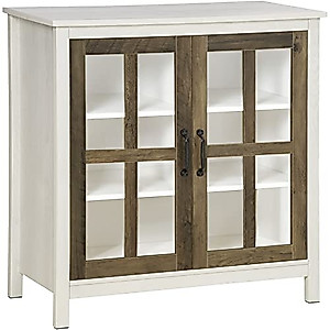 HOMCOM Kitchen Sideboard, Glass Door Buffet Cabinet, Accent Cupboard with Adjustable Storage Shelf for Living Room, Distressed White