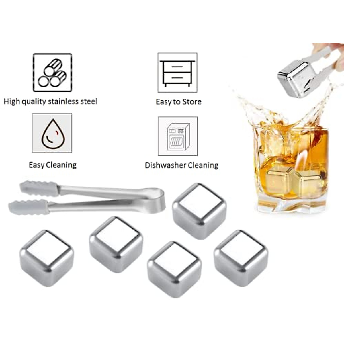 Kellegour 18 PCS Stainless Steel Ice Cubes,Metal Ice Cube,und Velvet Bags+1 Nonslip Ice Tong,Cooling Whisky Rocks,Stainless Steel Whiskey Rocks,For Whiskey,Vodka,Liqueurs,Wine,Beverage Juice or Soda
