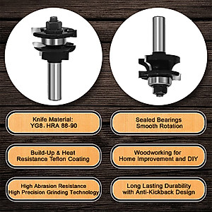 LEATBUY 1/2 Inch Shank Router Bit Set 3 PCS Round Over Raised Panel Cabinet Door Rail and Stile Router Bits, Woodworking Wood Cutter, Wood Groove Tongue Milling Tool(1/2-double)
