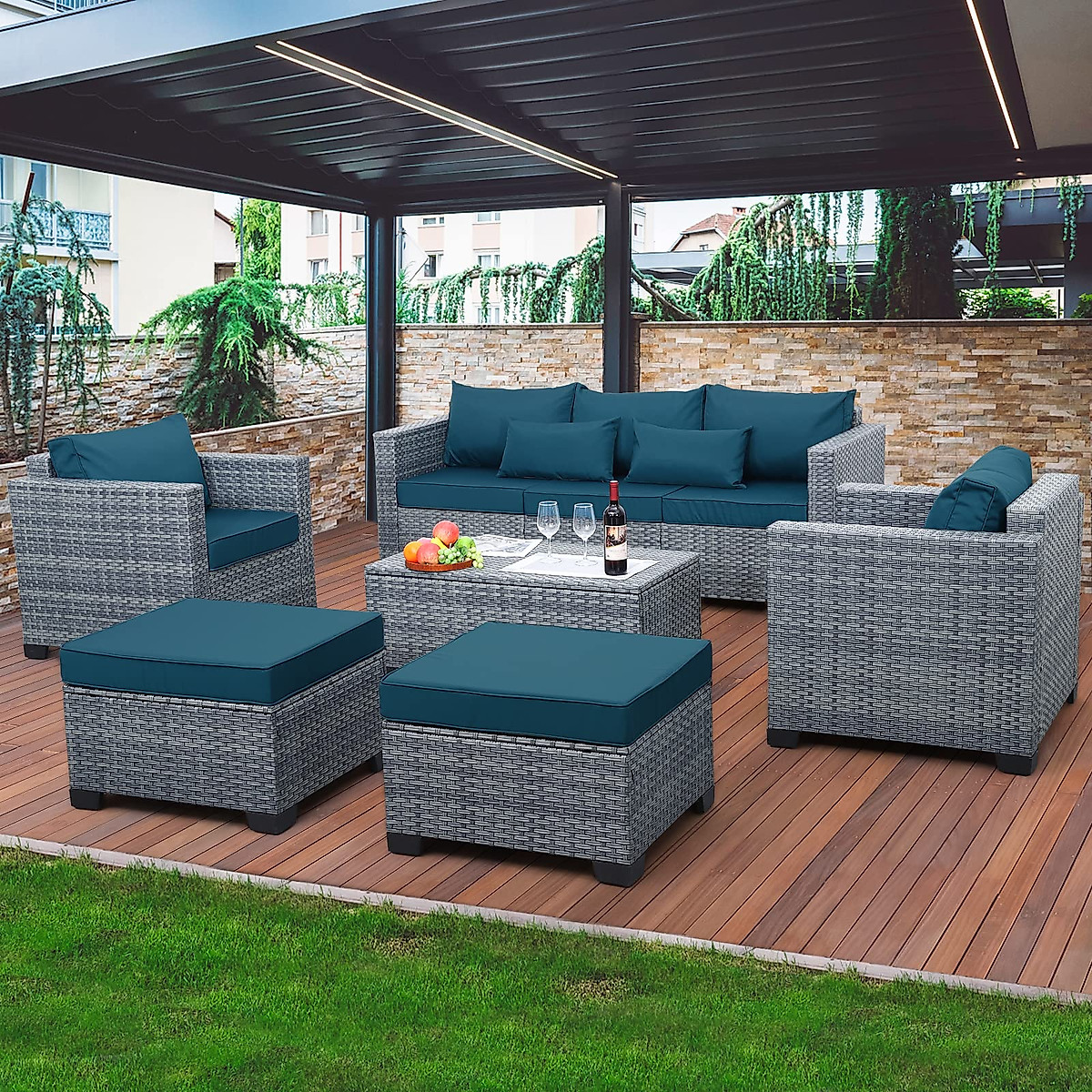 Lviden 6 Pieces Wicker Patio Furniture Sets Outdoor Conversation Set PE Rattan Sectional Sofa Couch with Storage Table and Peacock Blue Cushions