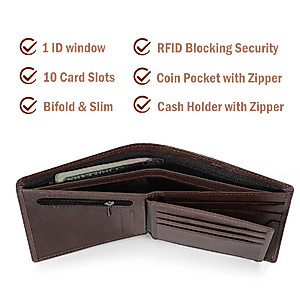 LYOOMALL Wallet for Men, Large Capacity Genuine Leather RFID Blocking Bifold Wallet/Credit Card Holder for Men, with Coin Pocket, Zipper Cash Pocket, ID Window and 10 Card Slots