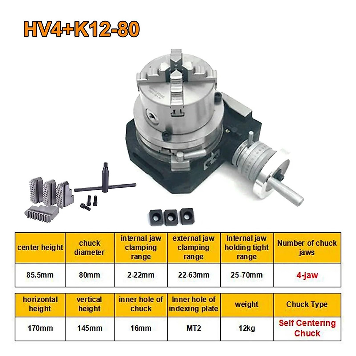 4'' HV4 110mm Indexing Heads, Vertical, Horizontal and 80mm Lathe Chucks for CNC Milling Machines(with K12-80 Chuck)