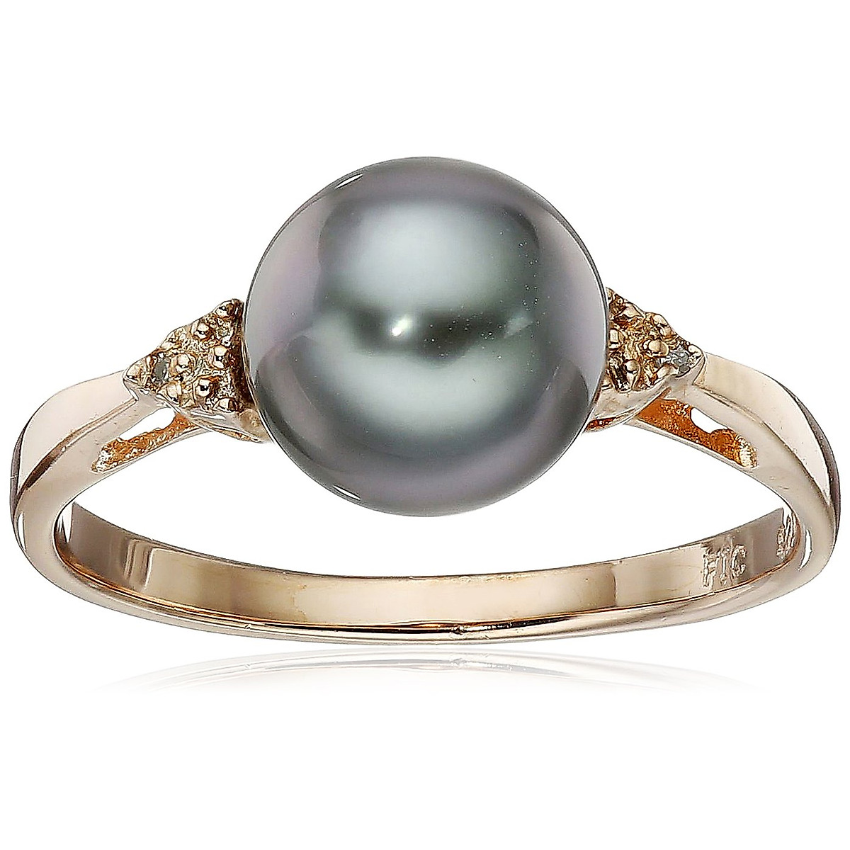 Amazon Collection Rose Gold with Diamond Over Silver 8-9mm Round Black Tahitian Cultured Pearl Ring, Size7