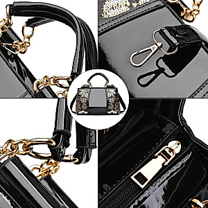 XingChen Women Patent Leather Fashion Handbags Double Sided Sequin Embroidery Shoulder Bag Top Handle Satchel Purse Black