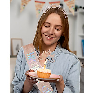 DOCOONIVER Rose Gold Birthday Headband for Women,Birthday Girl Sash and Crown for Girls and Women,Birthday Gift for Her,Happy Birthday Cake Topper,Accessories for Birthday Decorations.