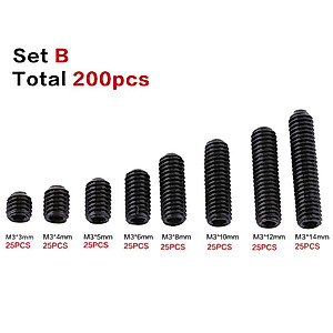 200pcs Screws, M3 Black Carbon Steel Socket Cup Point Grub Set Screw Assortment