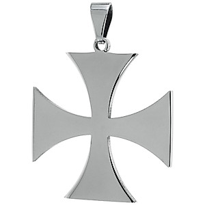 Sabrina Silver Stainless Steel Maltese Cross Necklace, 1 1/2 inch tall with 30 inch chain